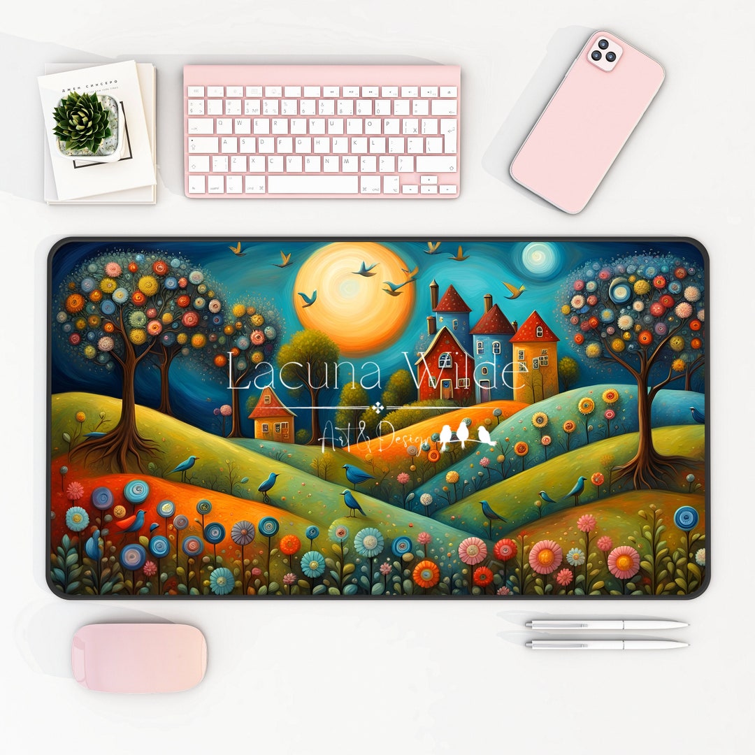Large Folk Art Desk Mat Whimsy Art Desk Mat Flowers Trees Bluebirds ...