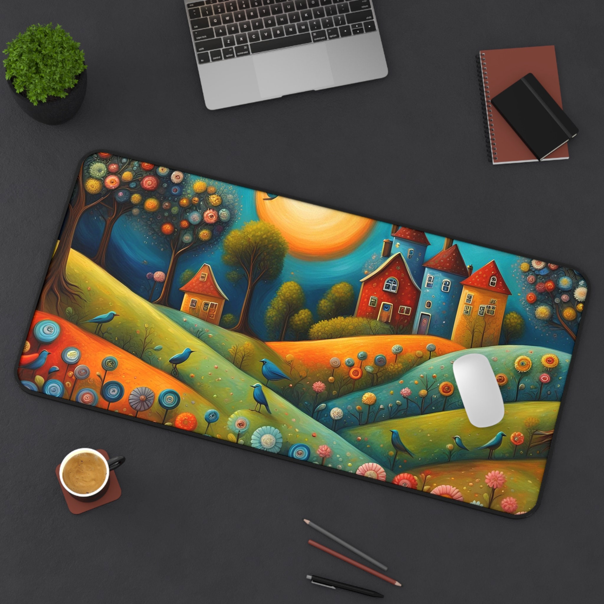 Large Folk Art Desk Mat Whimsy Art Desk Mat Flowers Trees Bluebirds ...