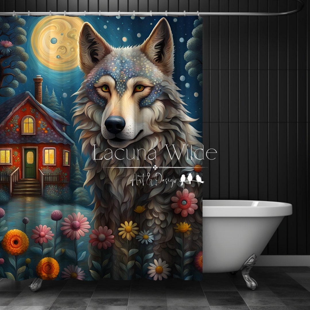 Majestic Gray Wolf Landscape With Moon and Flowers Fabric Shower ...