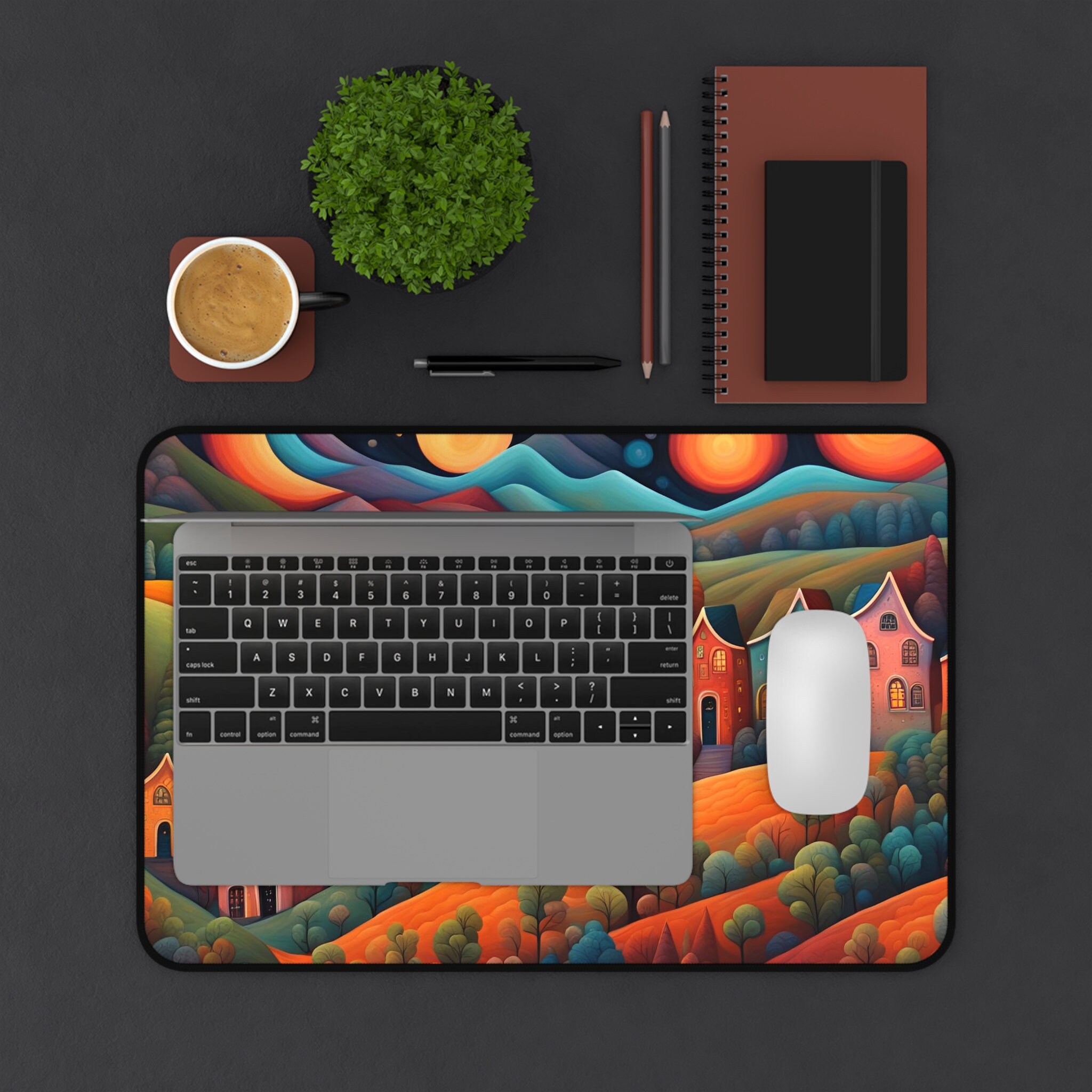 Whimsy Colorful Folk Art Houses Landscape Desk Mat Large Folk Art Desk ...