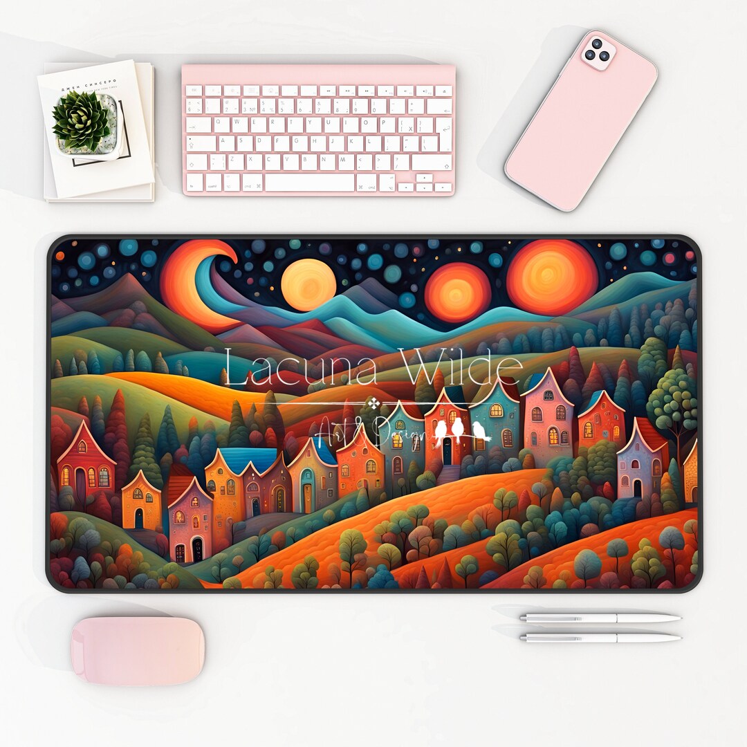 Whimsy Colorful Folk Art Houses Landscape Desk Mat Large Folk Art Desk ...