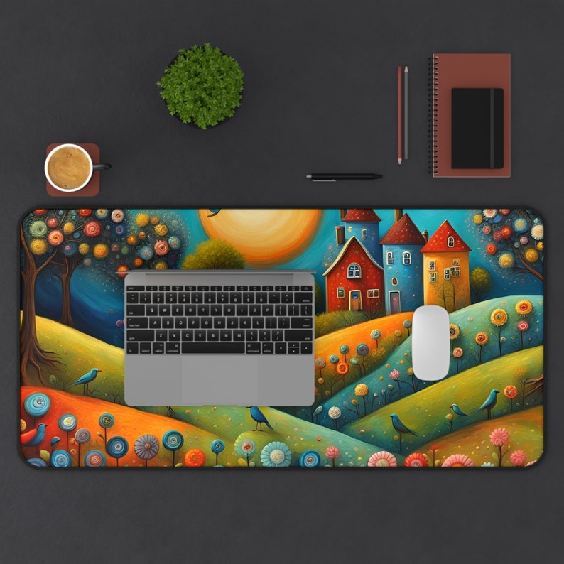 Large Folk Art Desk Mat Whimsy Art Desk Mat Flowers Trees Bluebirds ...