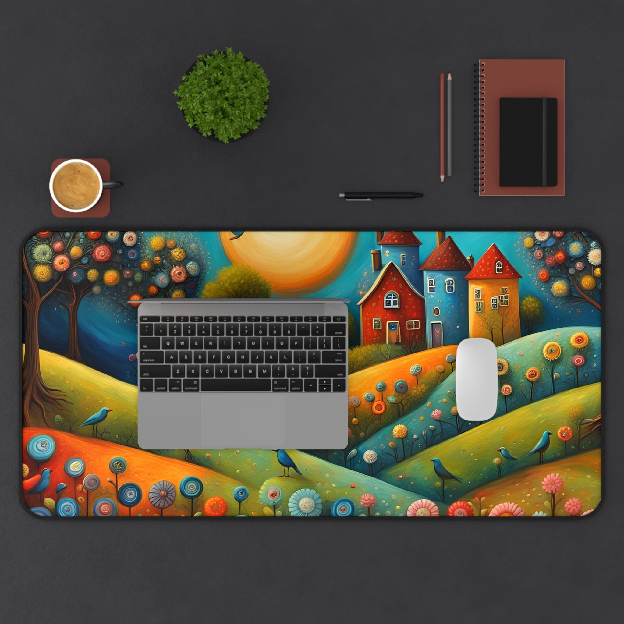 Large Folk Art Desk Mat Whimsy Art Desk Mat Flowers Trees Bluebirds ...