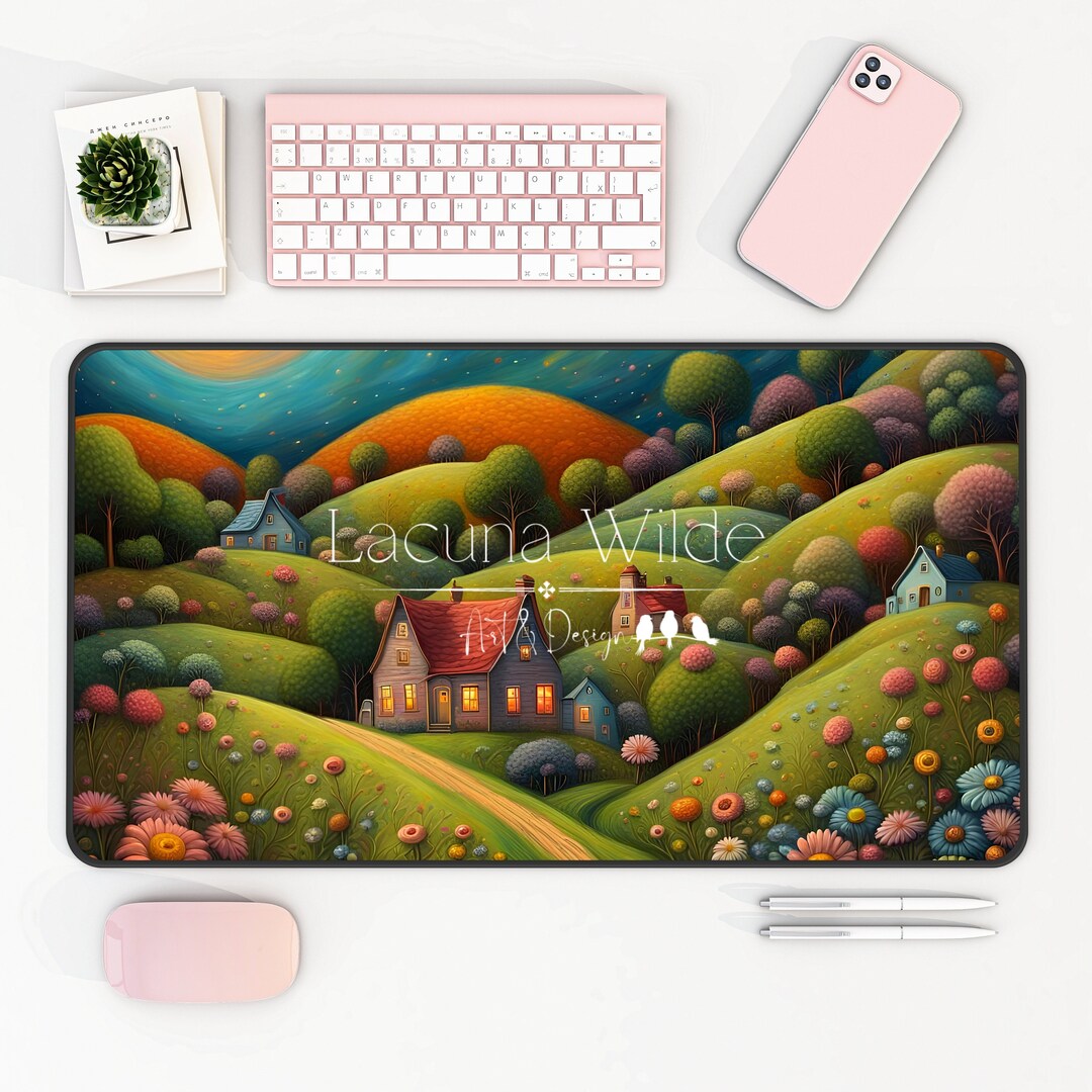 Whimsy Folk Art Desk Mat Landscape Houses Flowers Trees Moons Folk Art ...