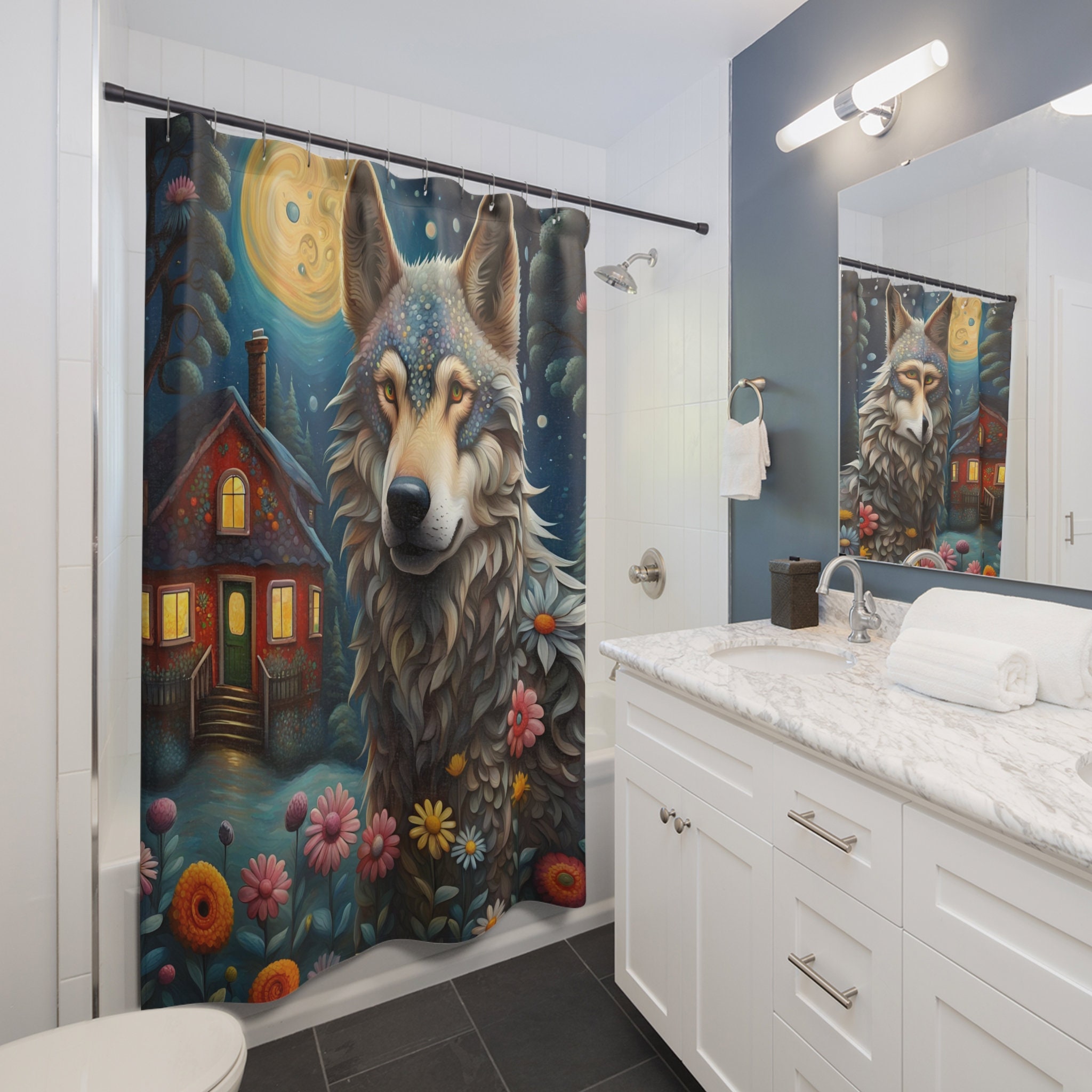 Majestic Gray Wolf Landscape With Moon and Flowers Fabric Shower ...