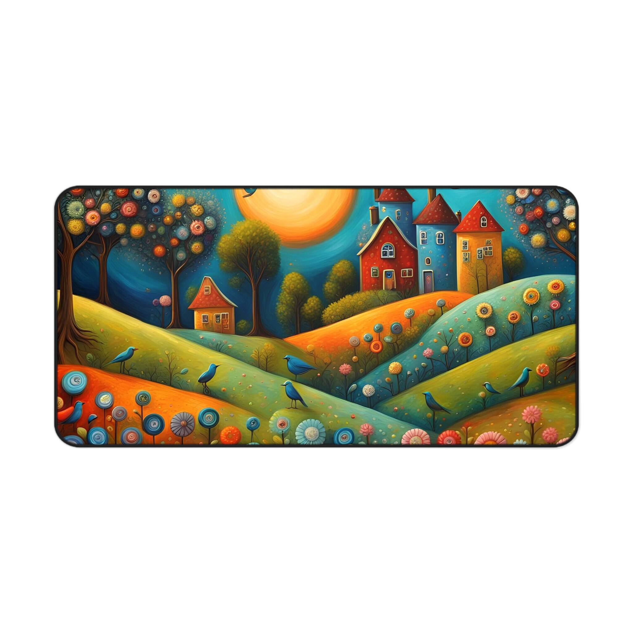 Large Folk Art Desk Mat Whimsy Art Desk Mat Flowers Trees Bluebirds ...