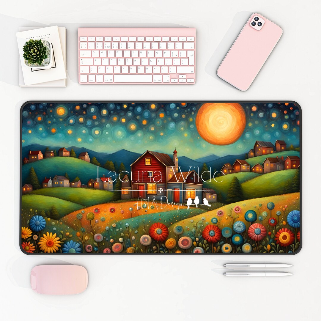 Folk Art Barn Landscape Desk Mat Whimsy Folk Art Desk Pad Colorful Fun ...