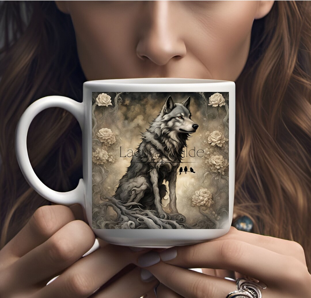 Fantasy Mysterious Gray Wolf Mug With Floral Accents Large Ceramic Wolf ...