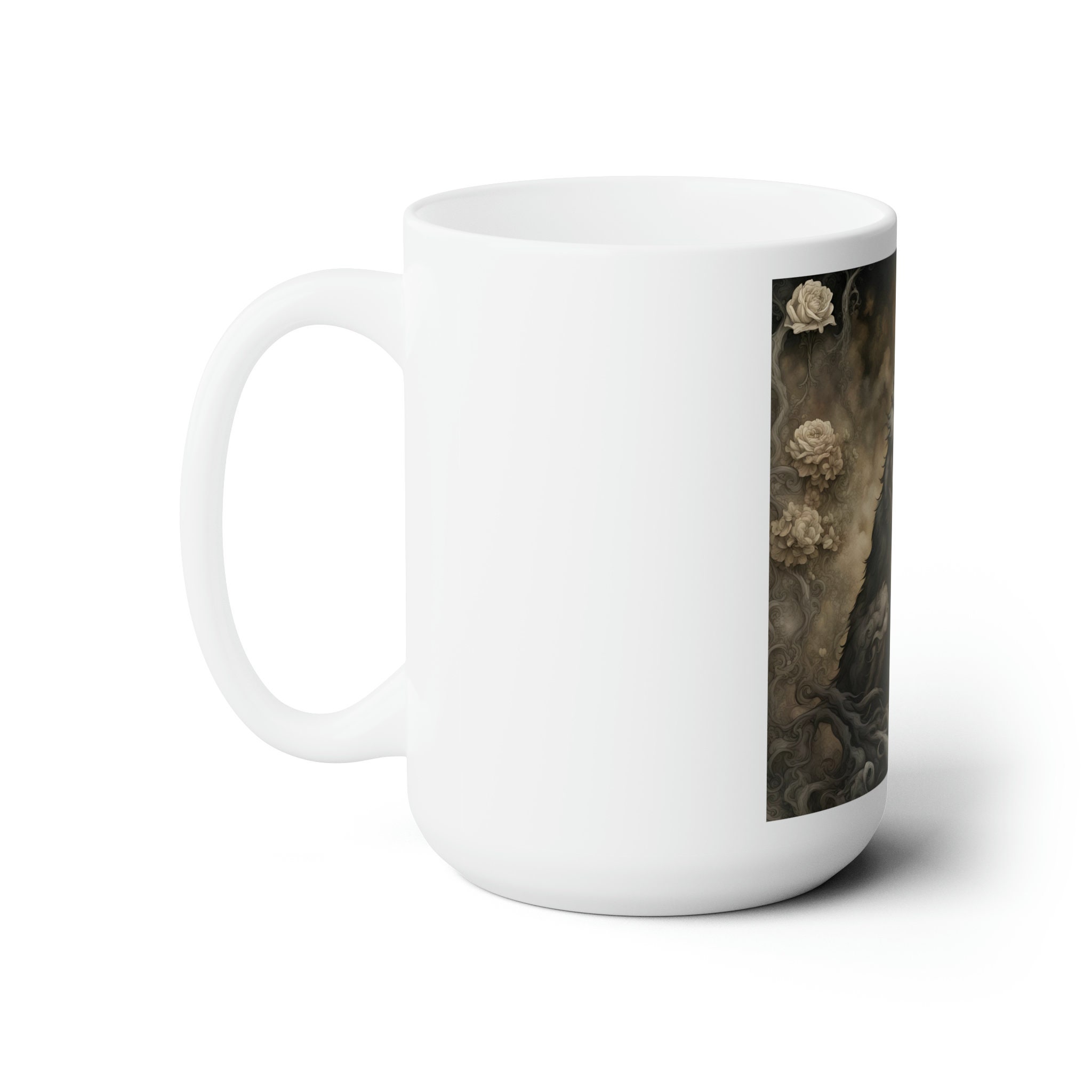 Fantasy Mysterious Gray Wolf Mug With Floral Accents Large Ceramic Wolf ...