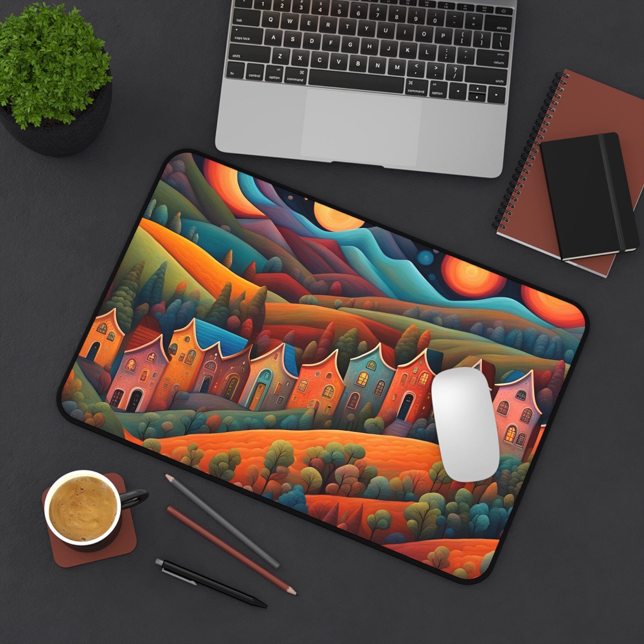 Whimsy Colorful Folk Art Houses Landscape Desk Mat Large Folk Art Desk ...
