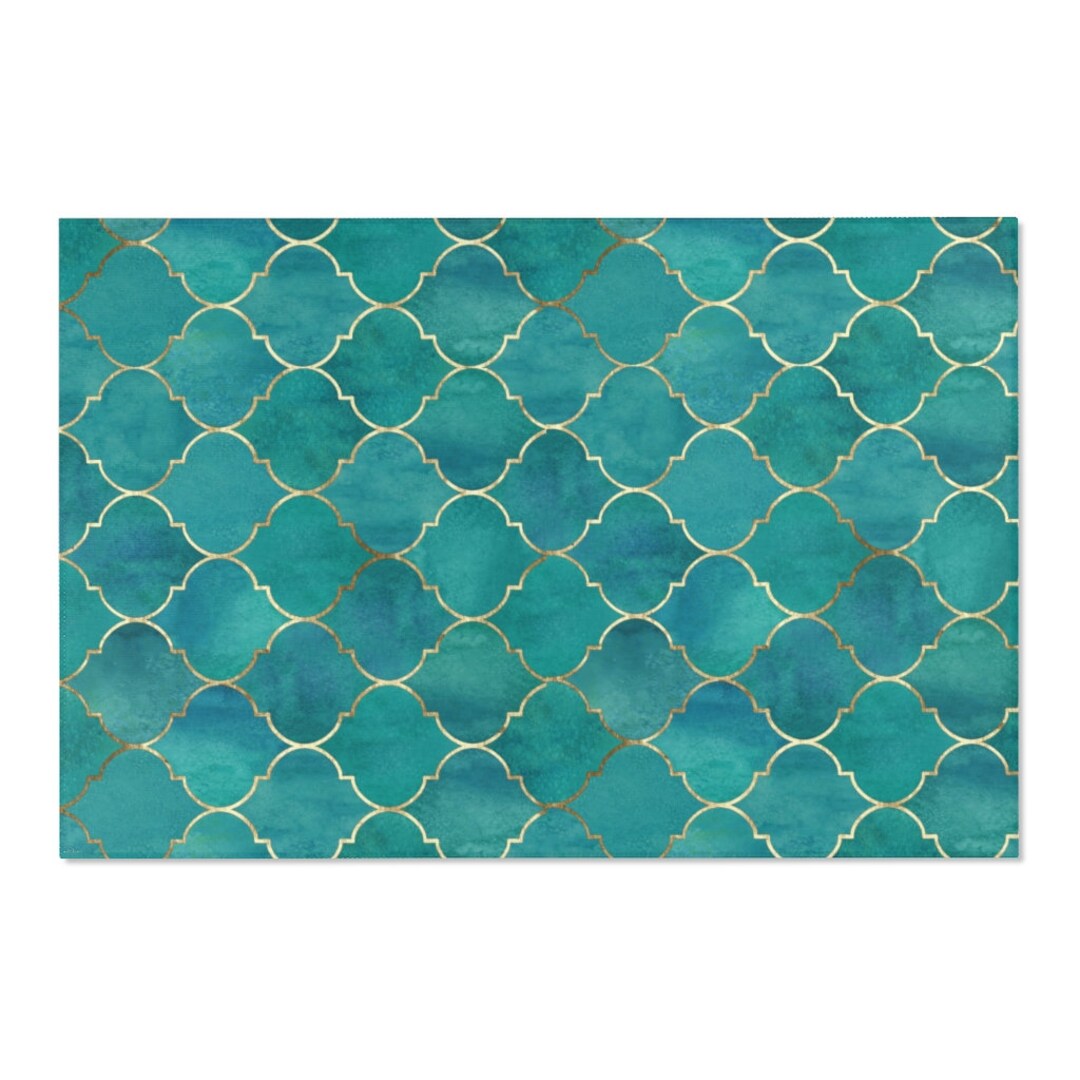 Turquoise Blue and Gold Foil Moroccan Bohemian Arabic Pattern Area Rugs ...