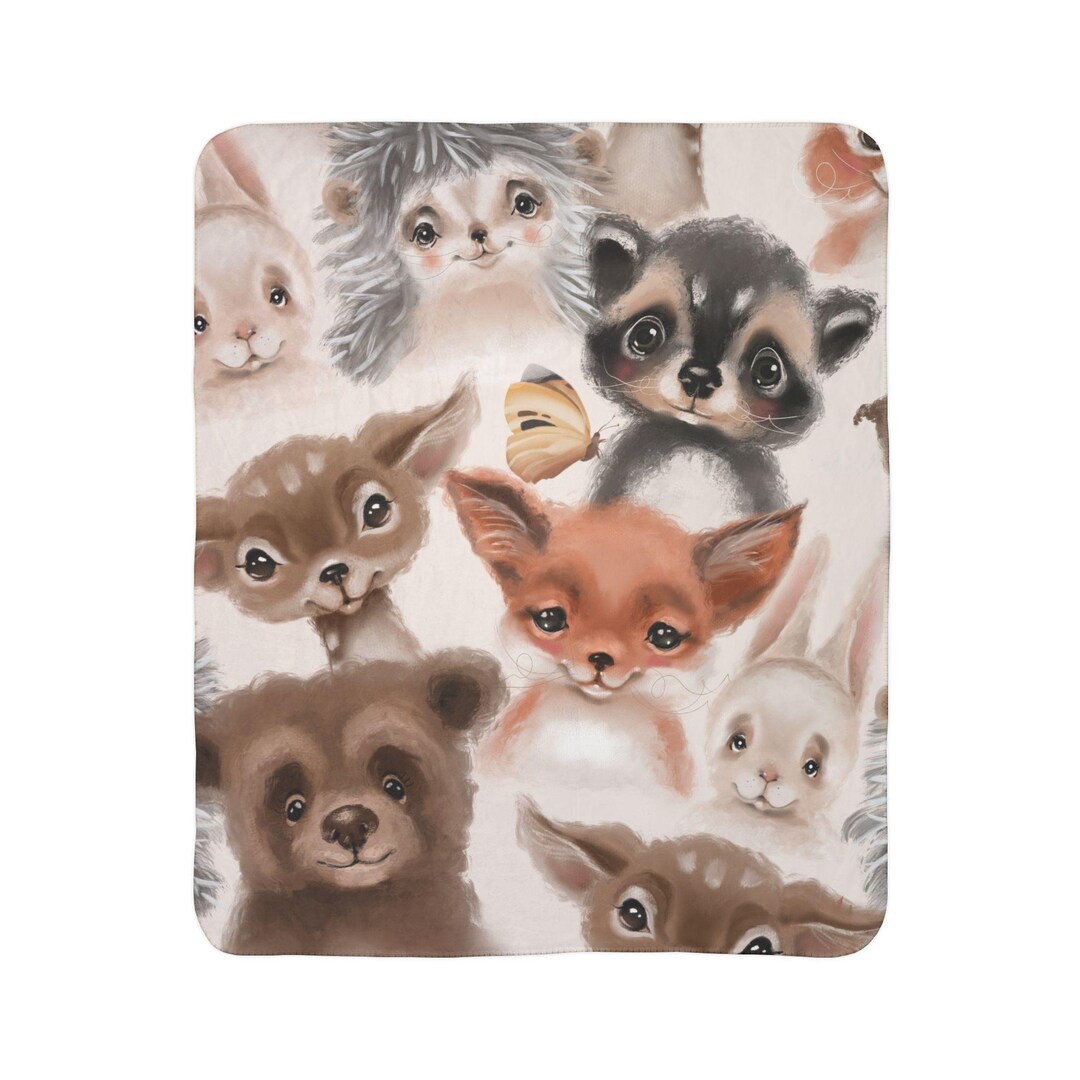 Woodland Baby Animals Fleece Sherpa Blanket | Fox, Raccoon, Bear, Bunny ...