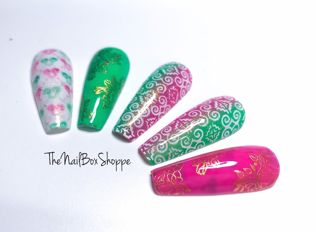Hmong Inspired Press on Nails: Pink & Green Neon Nail Art - Etsy