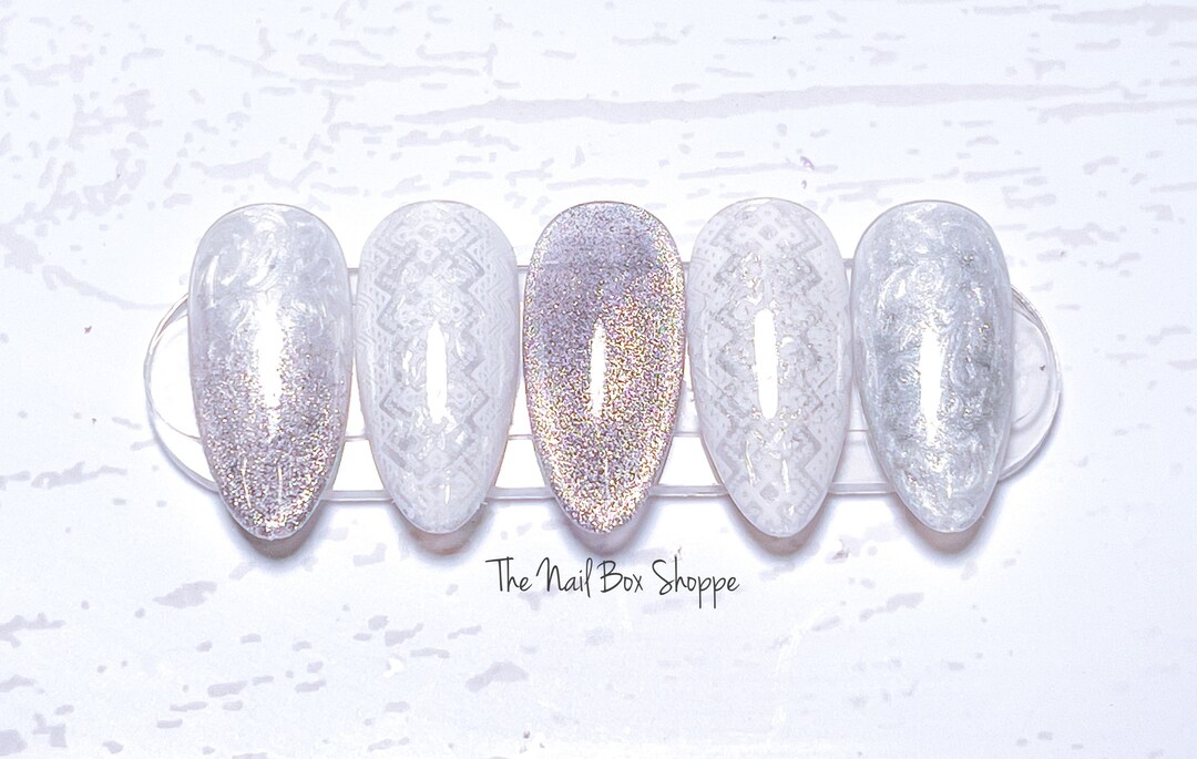 Hmong Art Press on Nails: Glitter Pearl Marble Gel Nails - Etsy