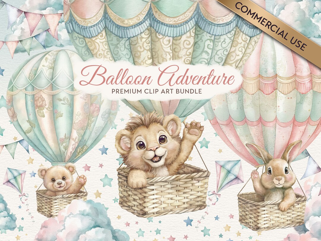 Cute Animals in Hot Air Balloons Clipart Bundle - Adorable and ...