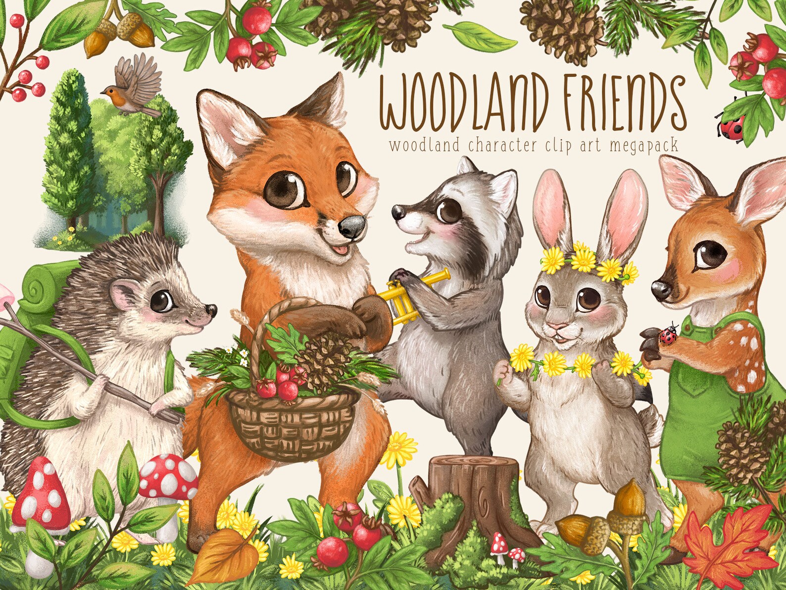 Woodland Animals Clipart Bundle Fall Cute Hand Drawn Clipart - Etsy