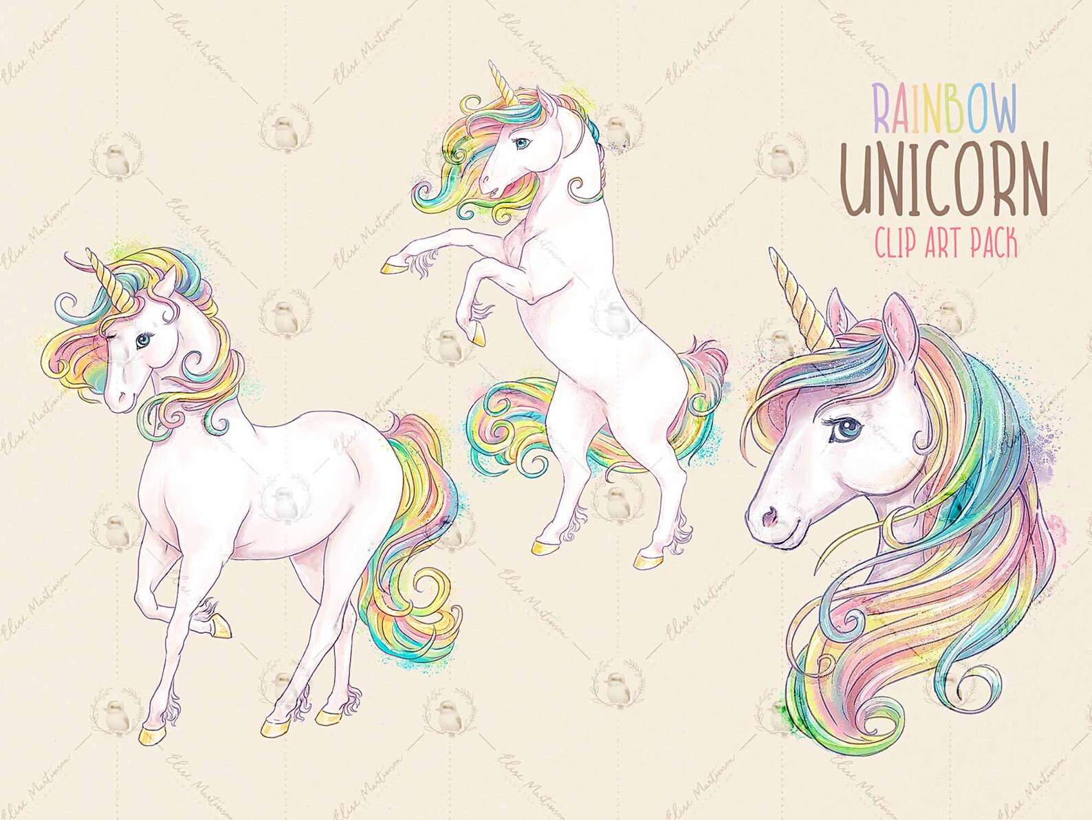 Rainbow Unicorn Clipart PNG Bundle Pretty Watercolor Unicorn - Etsy