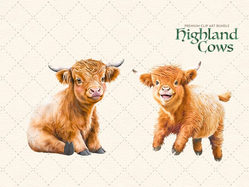 Watercolour Highland Cows Clipart Cute Adorable Fluffy Cows - Etsy