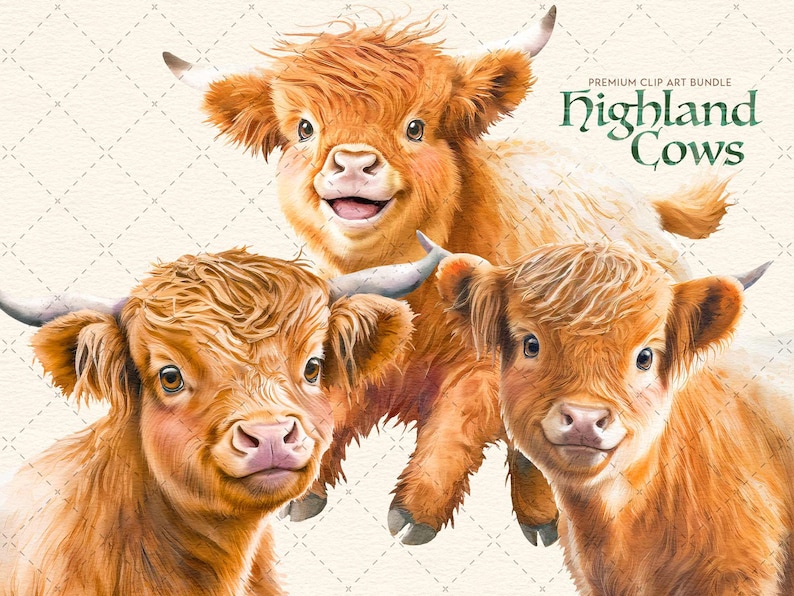 Watercolour Highland Cows Clipart | Cute Adorable Fluffy Cows Clip Art ...