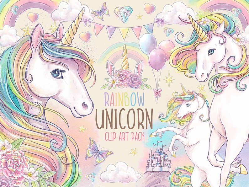 Rainbow Unicorn Clipart PNG Bundle Pretty Watercolor Unicorn - Etsy