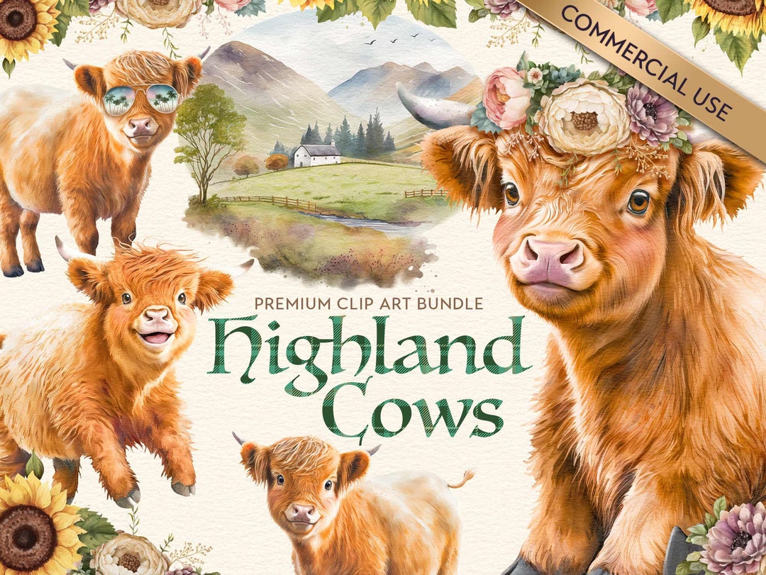 Watercolour Highland Cows Clipart | Cute Adorable Fluffy Cows Clip Art ...