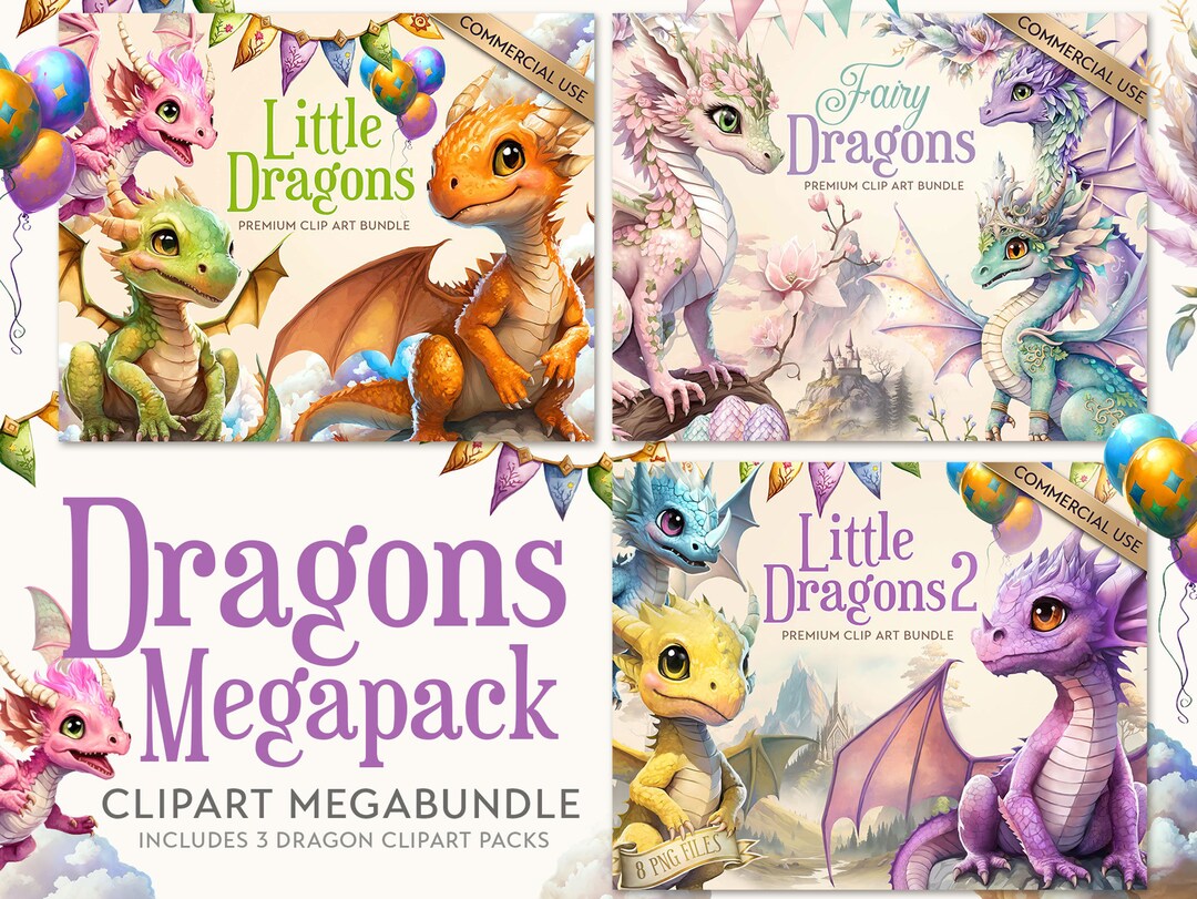 Dragon Clipart Megabundle, Cute Dragons, Fairy Dragons, Digital ...