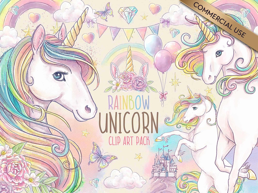 Rainbow Unicorn Clipart PNG Bundle, Pretty Watercolor Unicorn PNG ...
