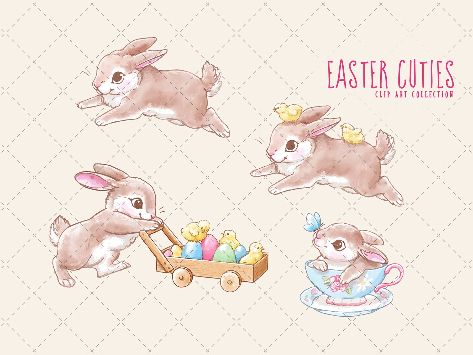 Cute Easter Clipart Bundle, Cute Easter Bunny PNG Clip Art Pack, Easter ...