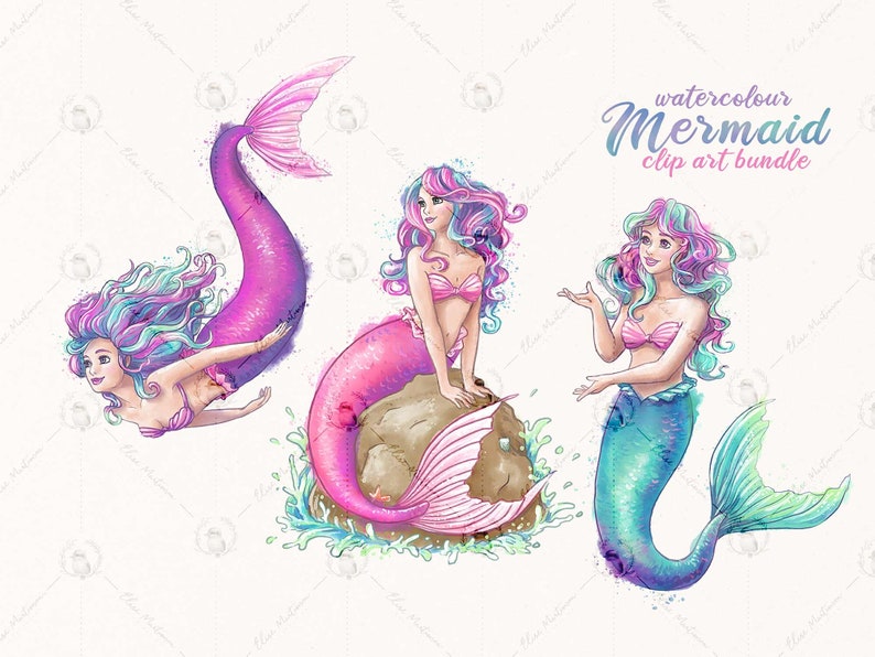 Mermaid Clipart Bundle Watercolor Mermaid PNG Mermaid Clip - Etsy
