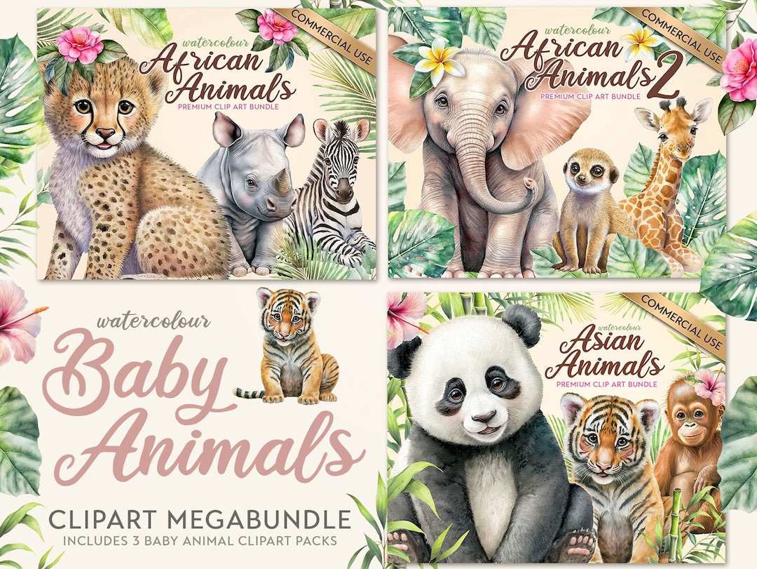 Wild Baby Animal Clipart Megabundle: Elephant, Giraffe, Panda ...