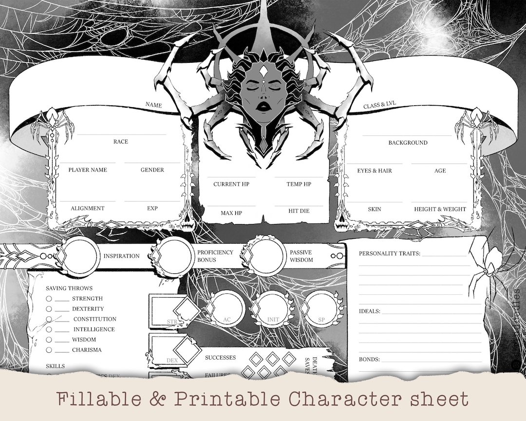 D&D Character Sheet Drow Spider Queen Custom Character Sheets Fillable and Printable Black and ...