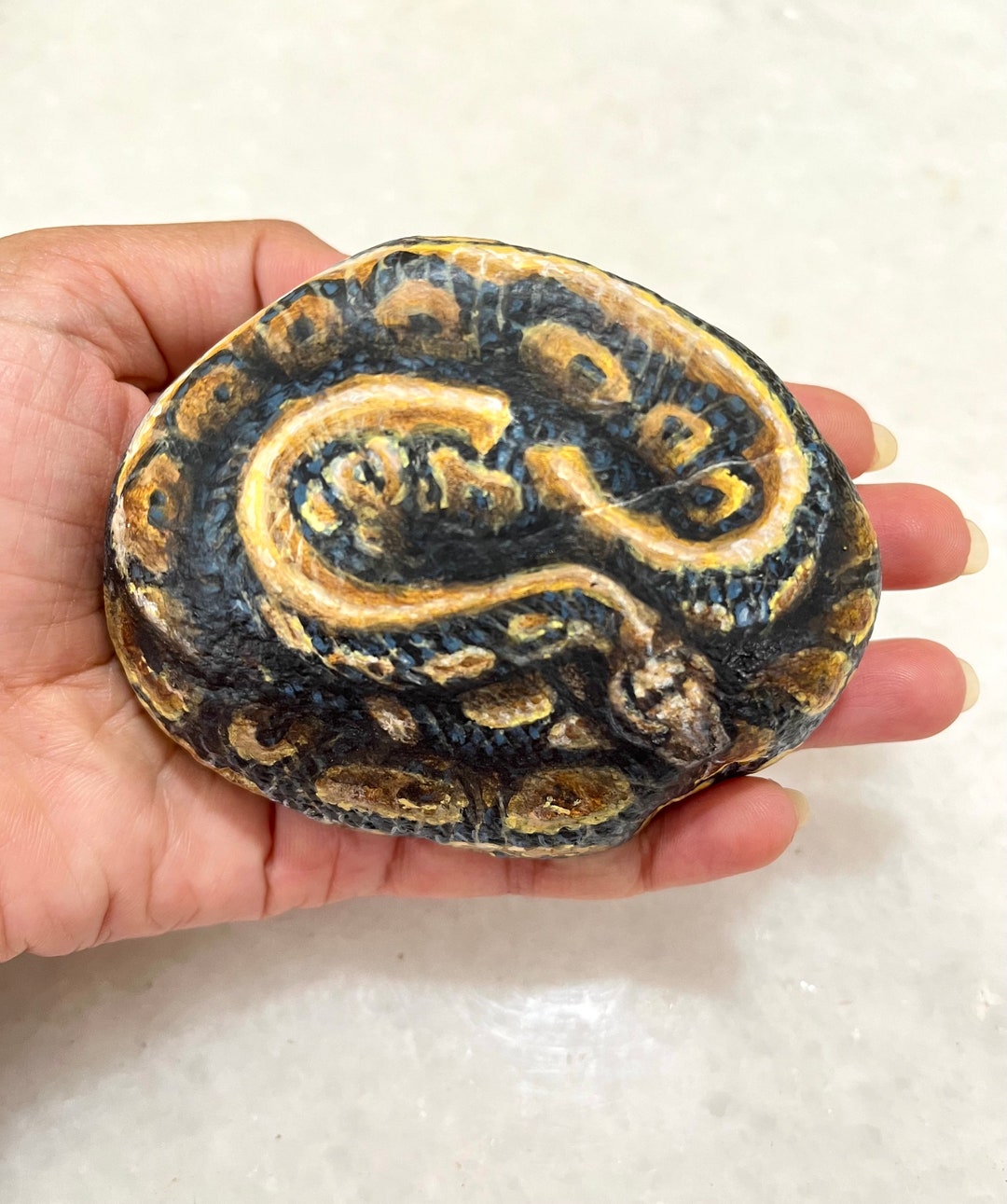 Snake Painted Rock, Coiled Snake Collectible, Quirky Paperweight, Snake ...