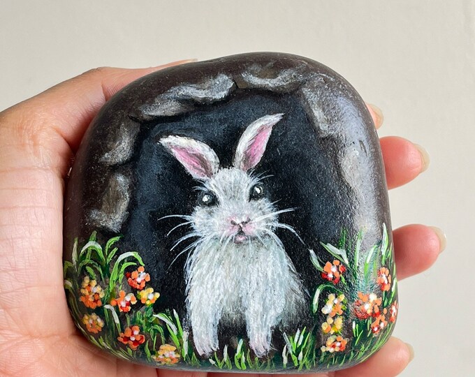 Rabbit Painted Rock Cute Realistic Bunny Painting Nursery - Etsy