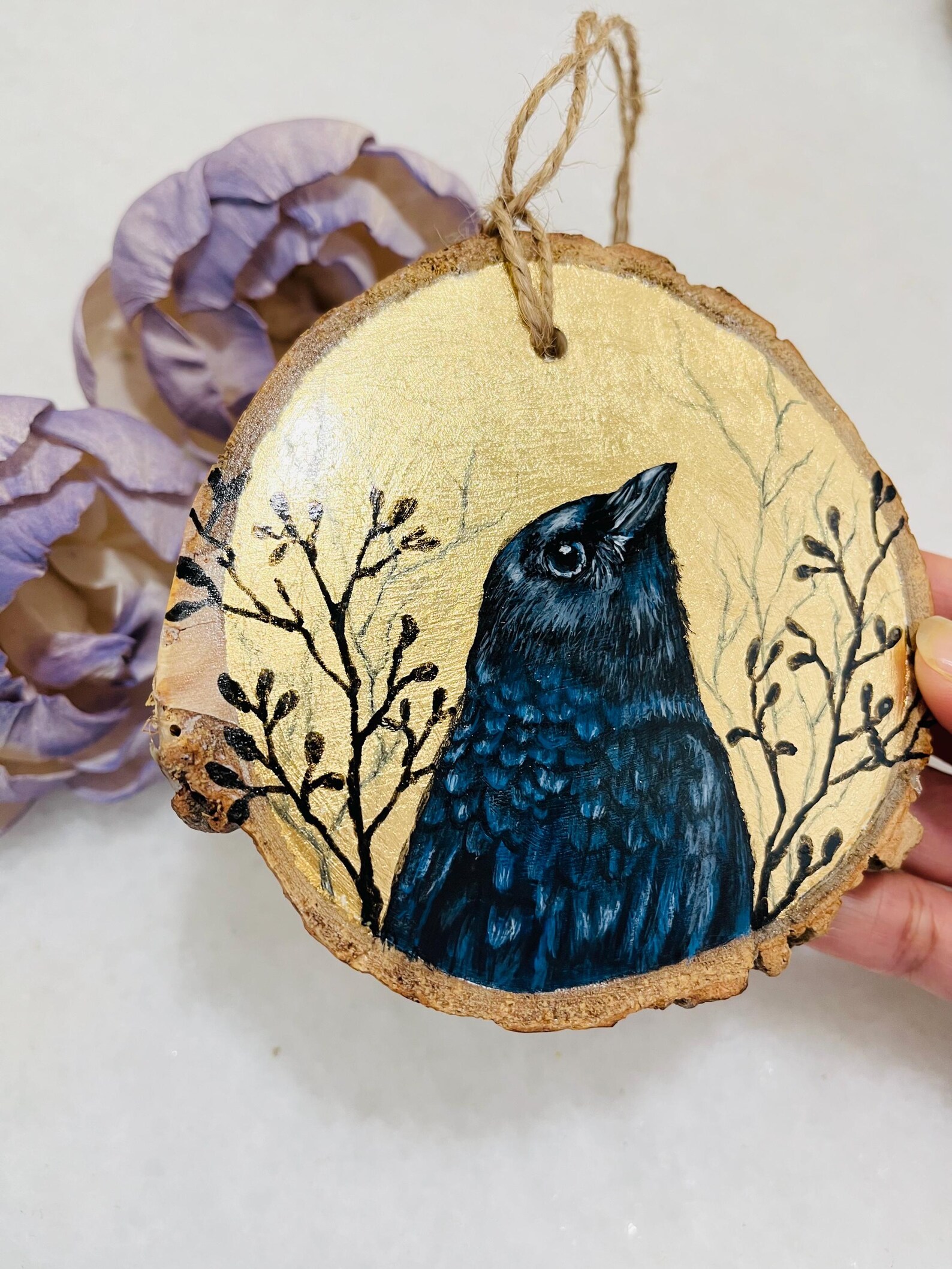 Original Raven Acrylic Painting: Rustic Home Decor, Wood Slice Art ...