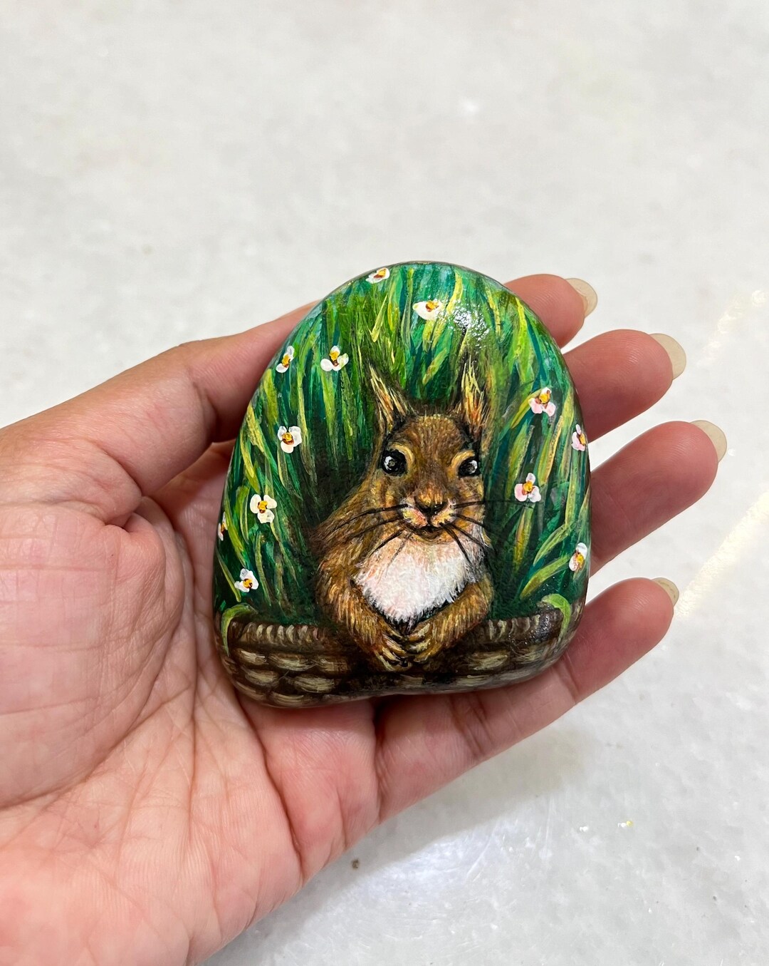 Squirrel Painted Stone, Squirrel Rock Painting, Floral Painted Stones ...
