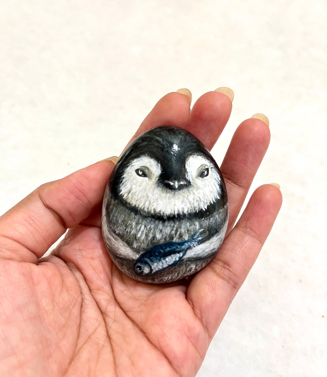 Penguin Painted Stone Cute Baby Penguin With a Fish Painted Rock Bird ...