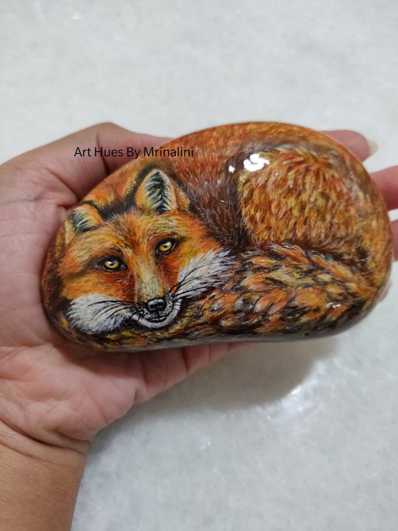 Hand-painted Fox Rock: Realistic Wildlife Art, Forest Decor, Fox Gifts ...