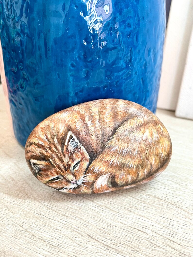 Sleeping Cat Painted Stone: Realistic Cat Art, Cat Lover Gift, Custom ...