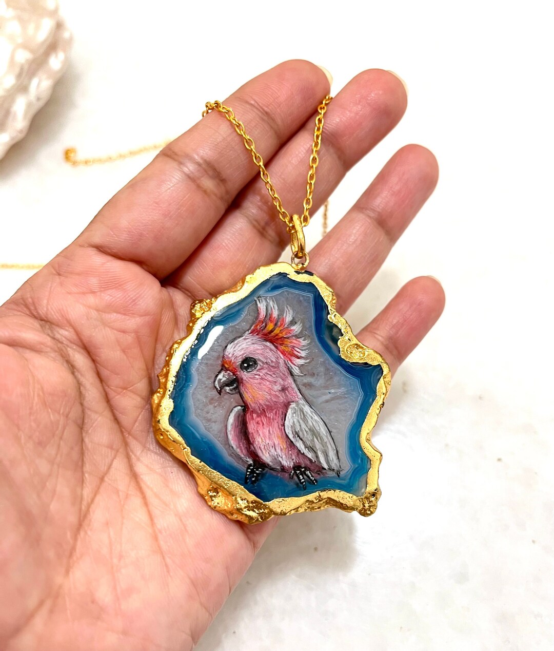 Colorful Parrot Agate Necklace, Galah Cockatoo Pendant, Hand Painted ...