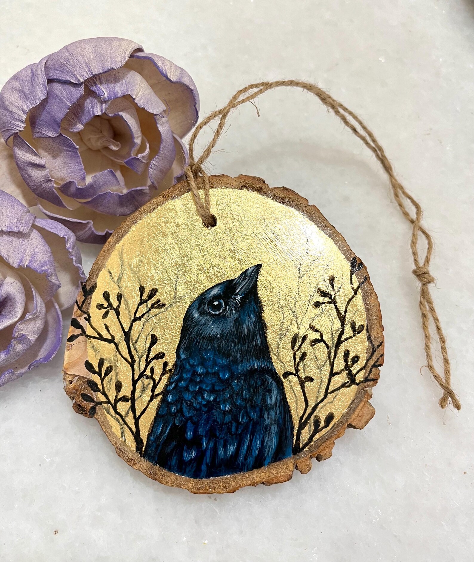 Original Raven Acrylic Painting: Rustic Home Decor, Wood Slice Art ...