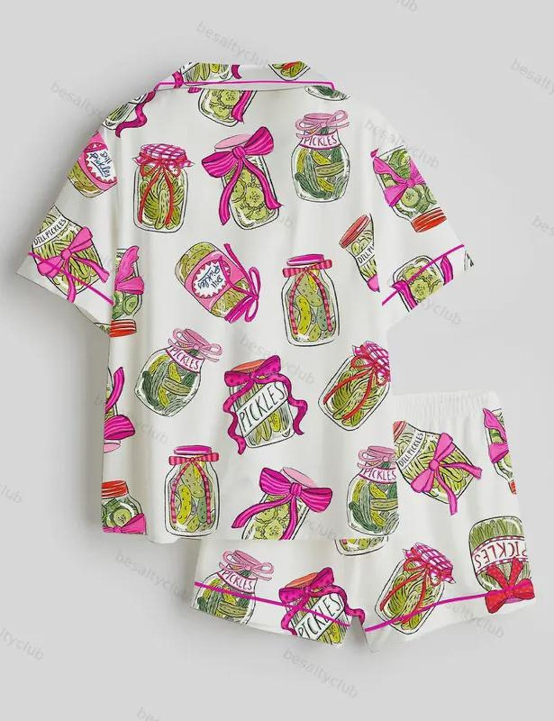 Pickle Lover Satin Pajama Set, Pink Bows Short Sleeve Sleepwear, Cute ...