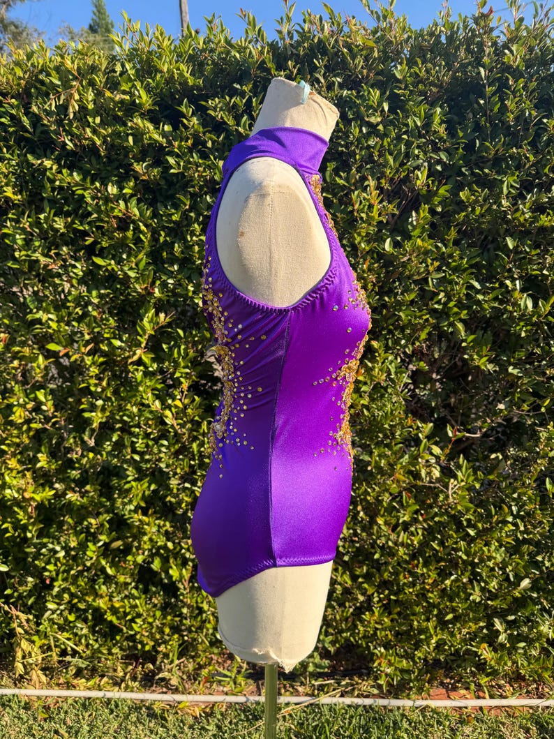 Purple and Gold Mesh Cutout Ribbon Corset Style Leotard for Circus Pole ...