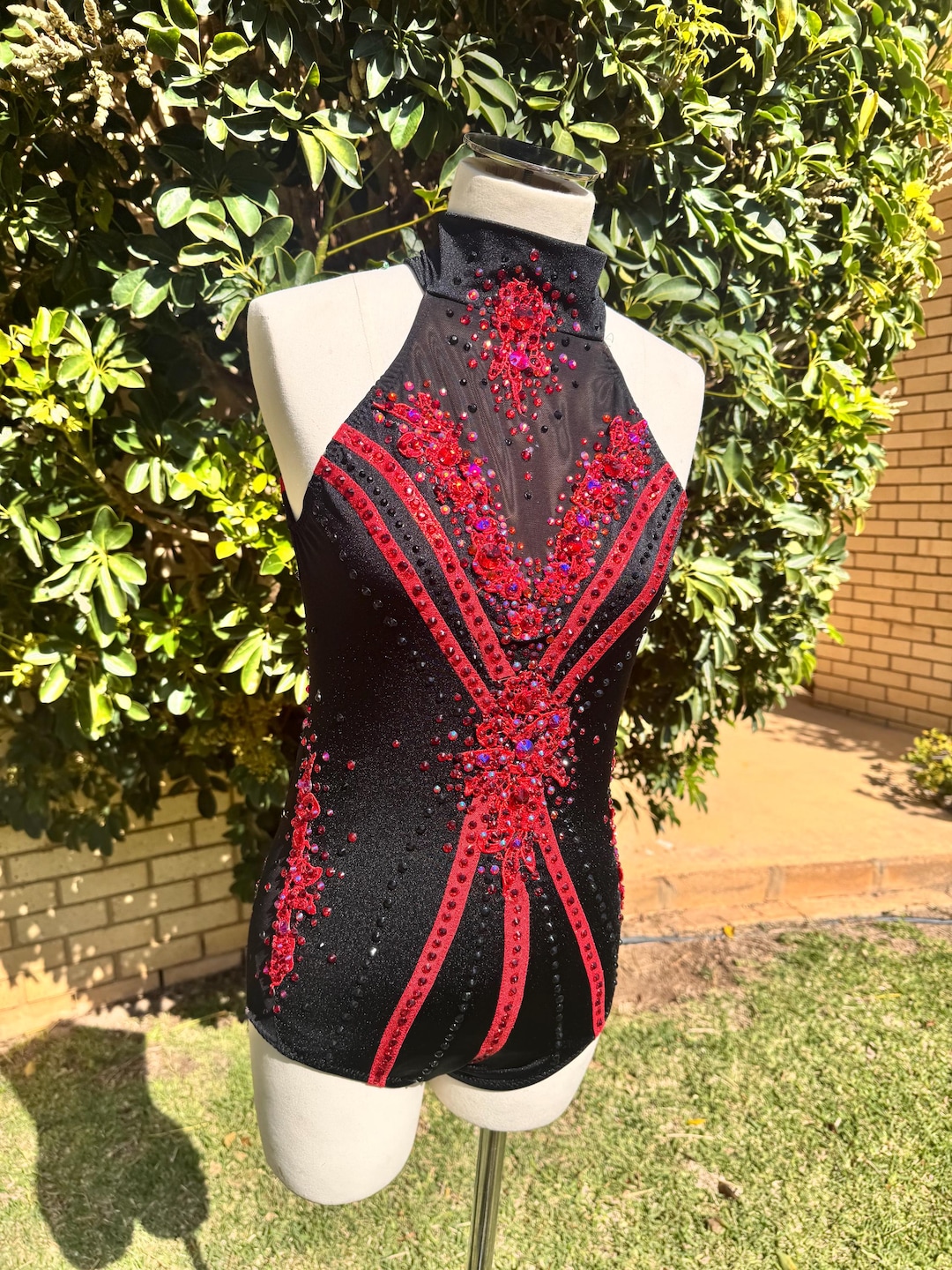 Red & Black Rhinestone Leotard, Mesh Sides, Halter Circus/ Dance ...