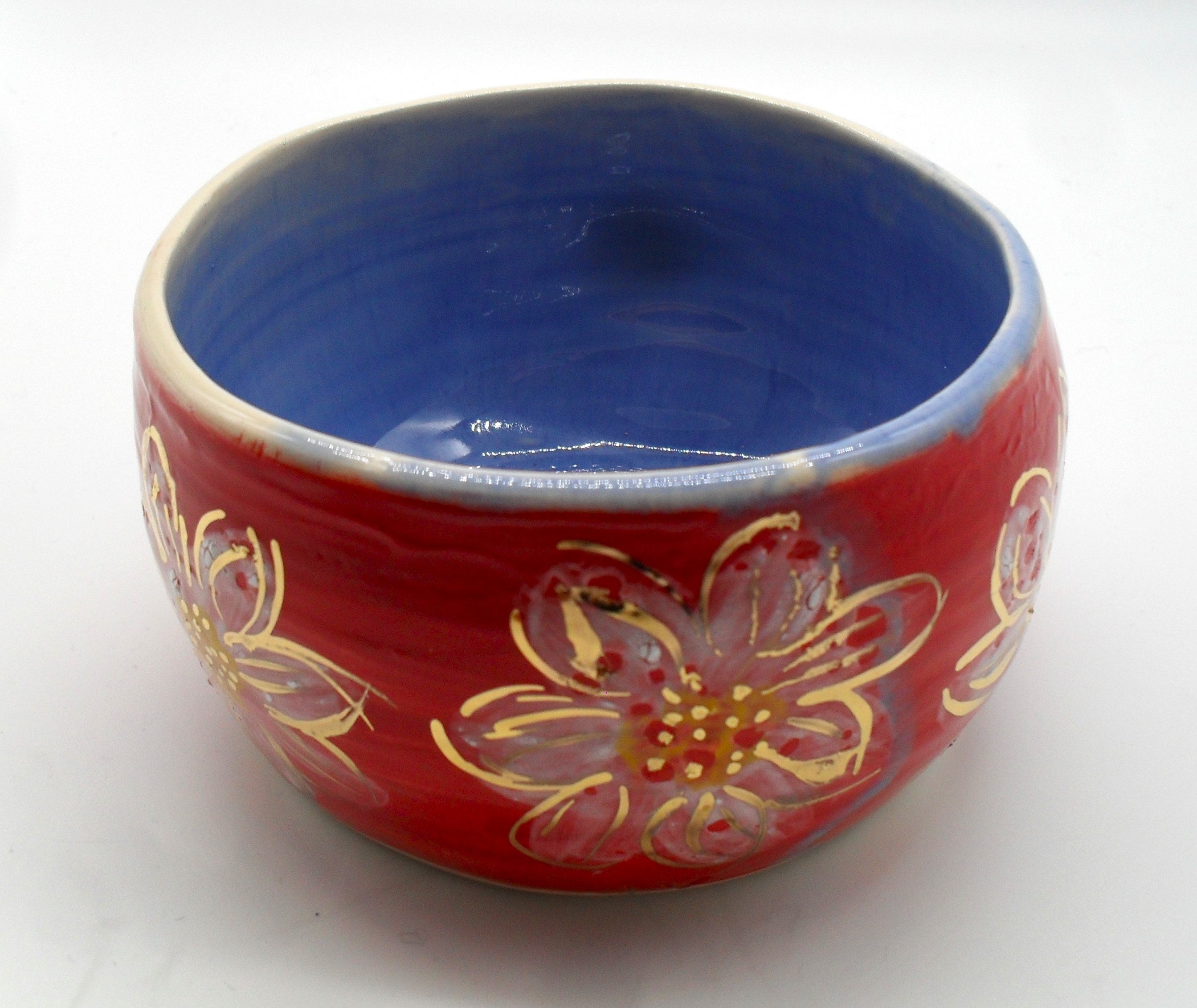 Ceramic Small Red Bowl With Hand Drawn Flowers & Gold - Etsy