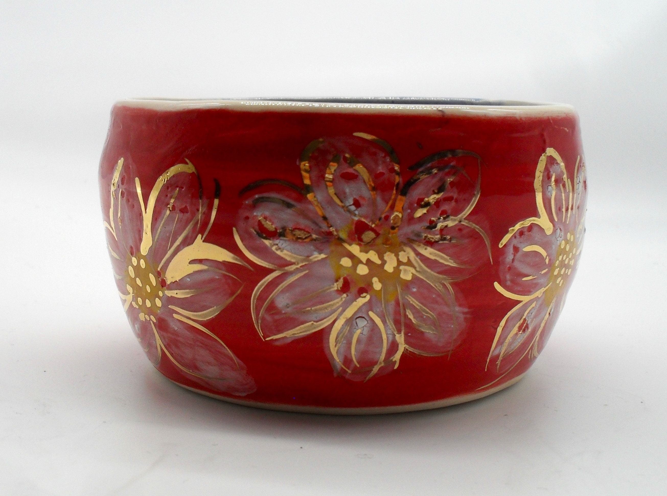 Ceramic Small Red Bowl With Hand Drawn Flowers & Gold - Etsy