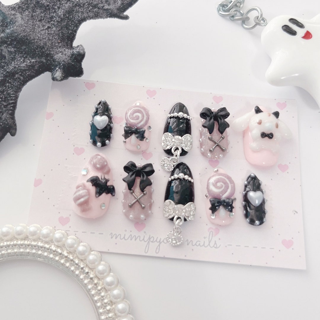 Kawaii Press on Nail Set, Cinnamo, J- Fashion, Pastel Goth, Yami Kawaii ...