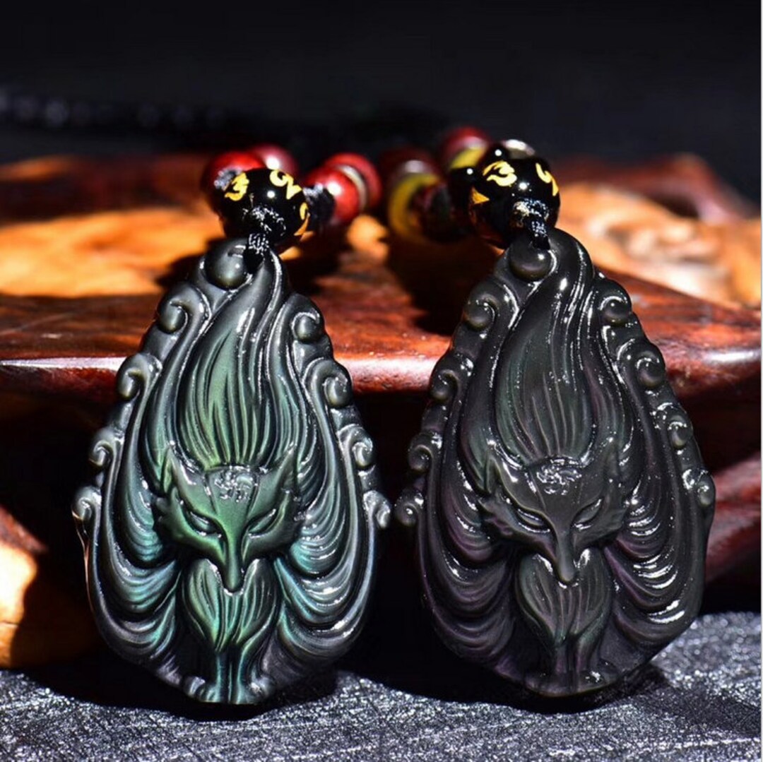 42mm Natural Carved Rainbow Obsidian Fox Teardrop Pendant Bead (pendant ...