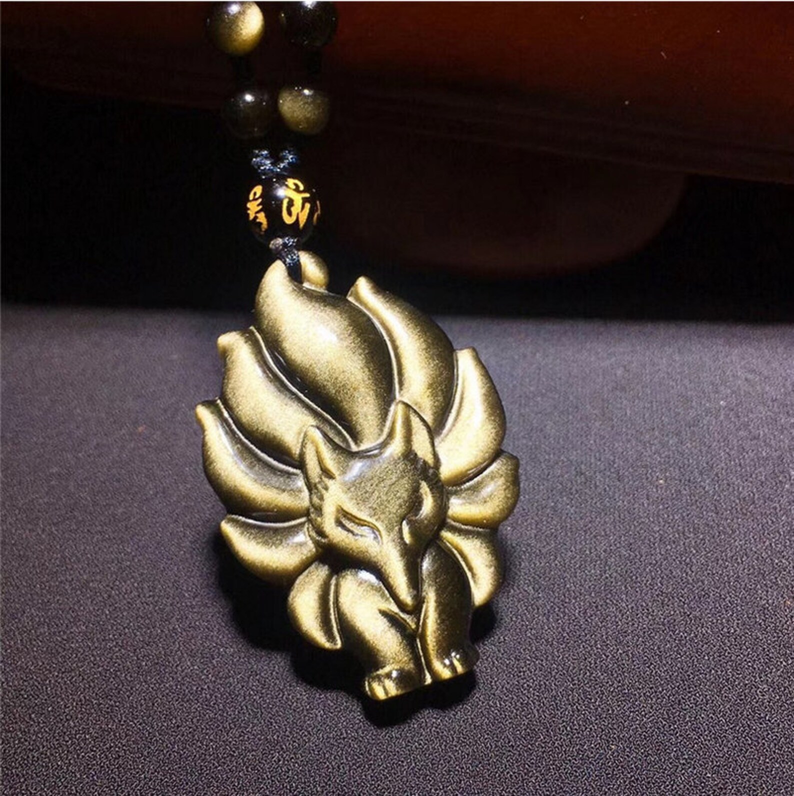 45mm Natural Carved Golden Obsidian Fox With Nine Tails Pendant Bead ...