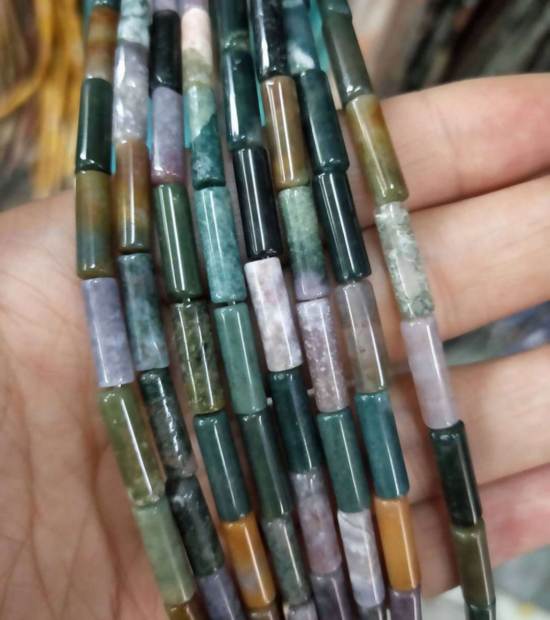 13x4mm Natural Multi-color Indian Agate Tube Cylinder Gemstone Loose ...