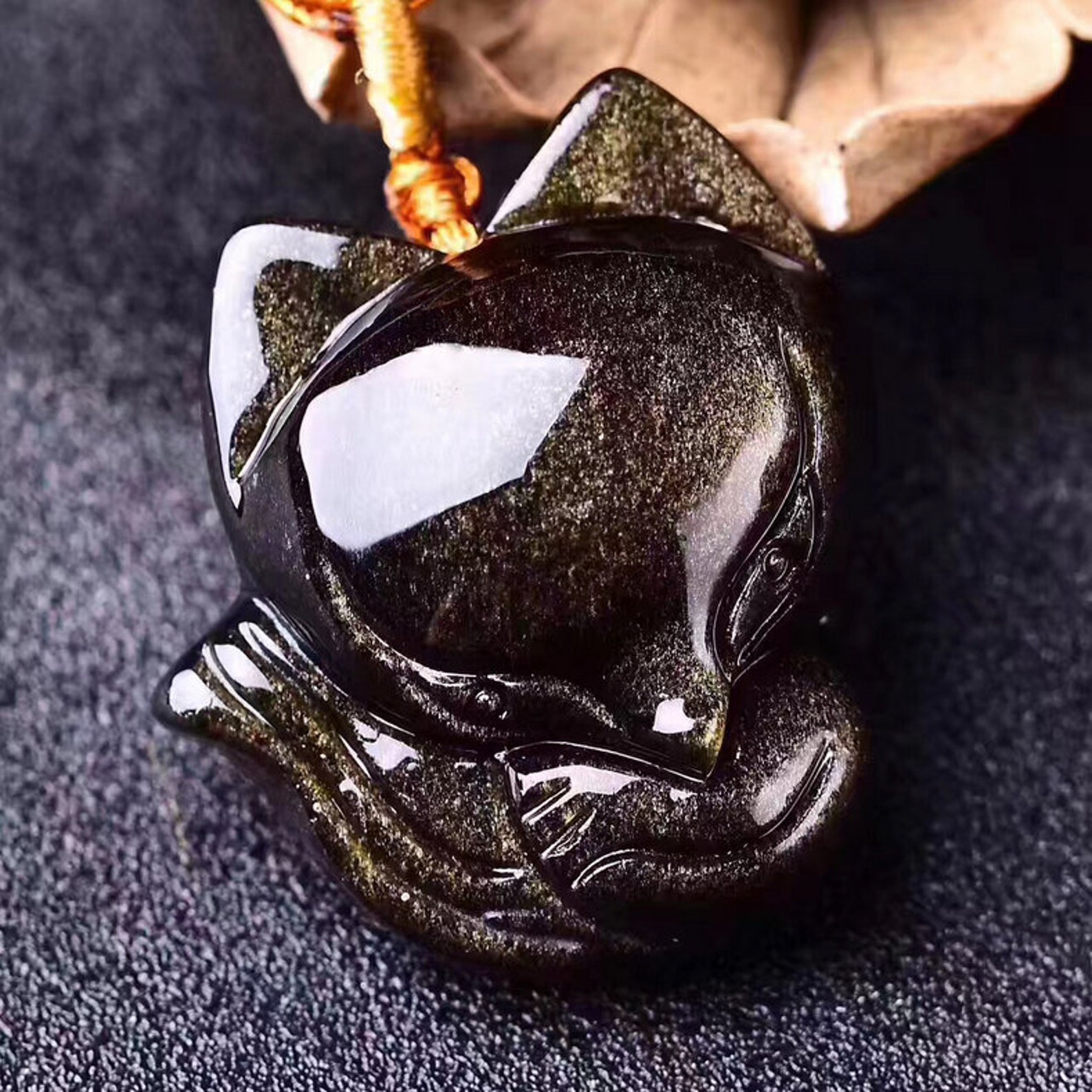 30mm Natural Carved Golden Obsidian Fox Pendant Bead pendant | Etsy